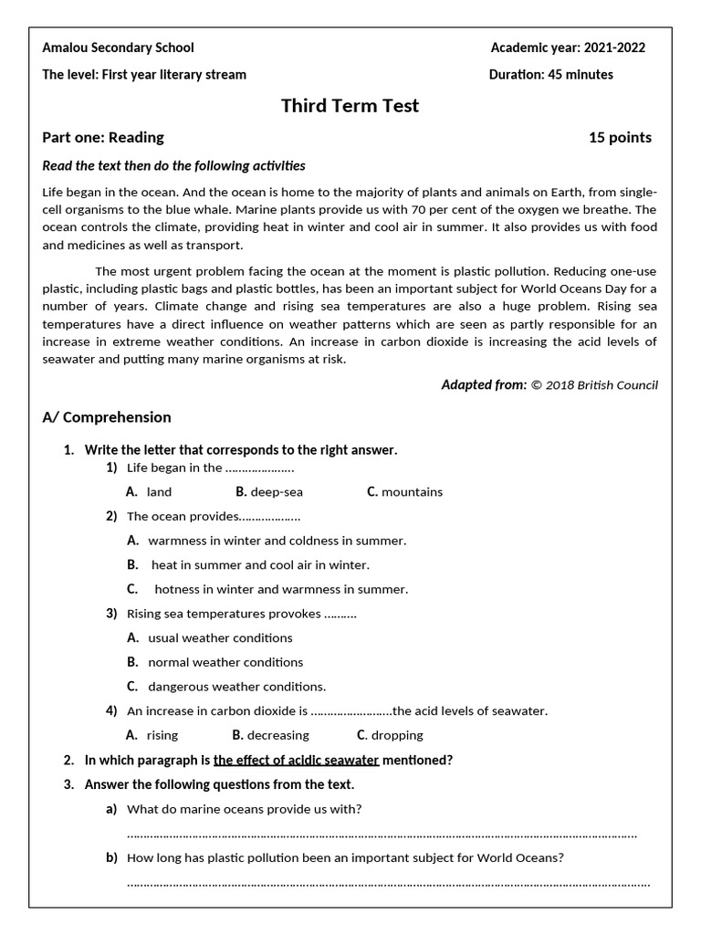 1 Lit Test Ocean Pollution 2 | PDF | Oceans | Climate Change