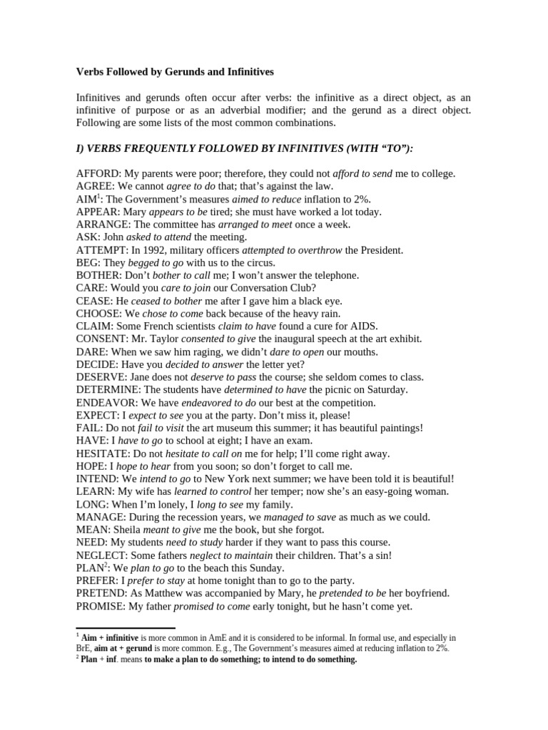 Verbs Followed by Gerunds and Infinitives Examples | PDF | Verb | Semantics