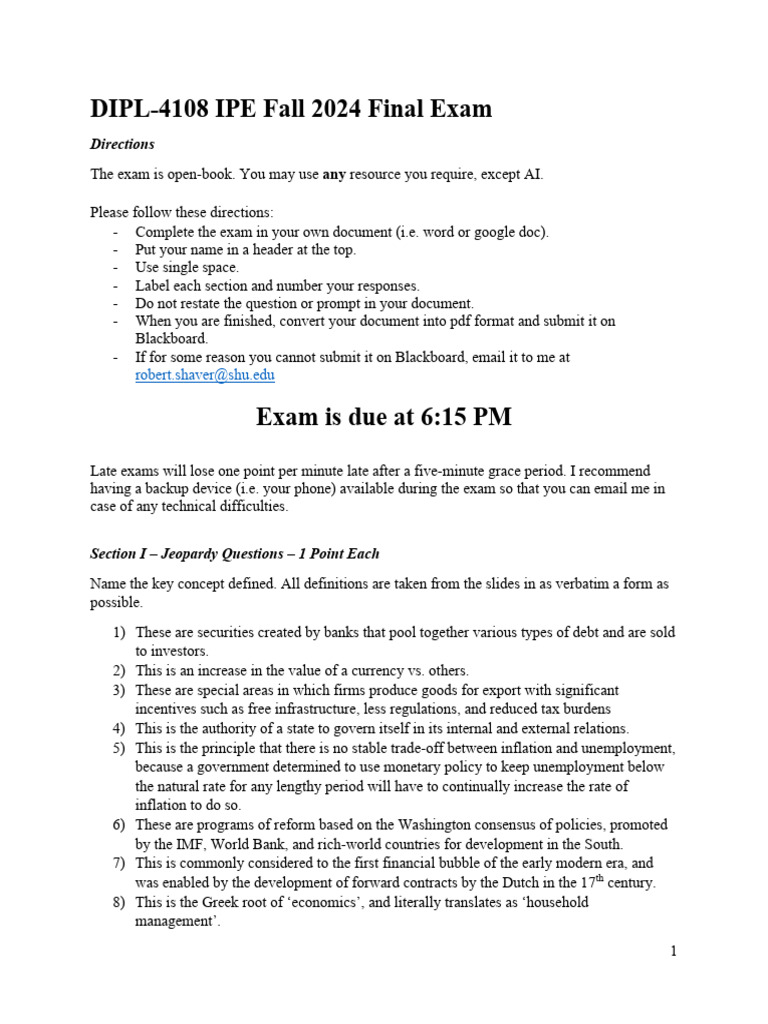 DIPL 4108 IPE Fall 2024 Final Exam | PDF | Investing | Currency