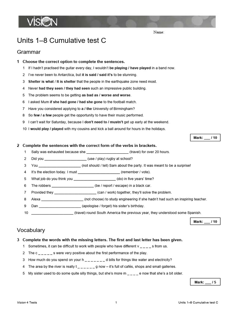 Vision 4 Units 1-8 Cumulative Test | PDF | Robot | Robotics