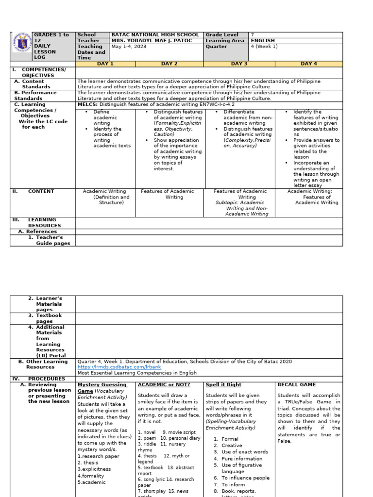 Week 1 Academic Writing LP - DO | PDF | Learning | Essays
