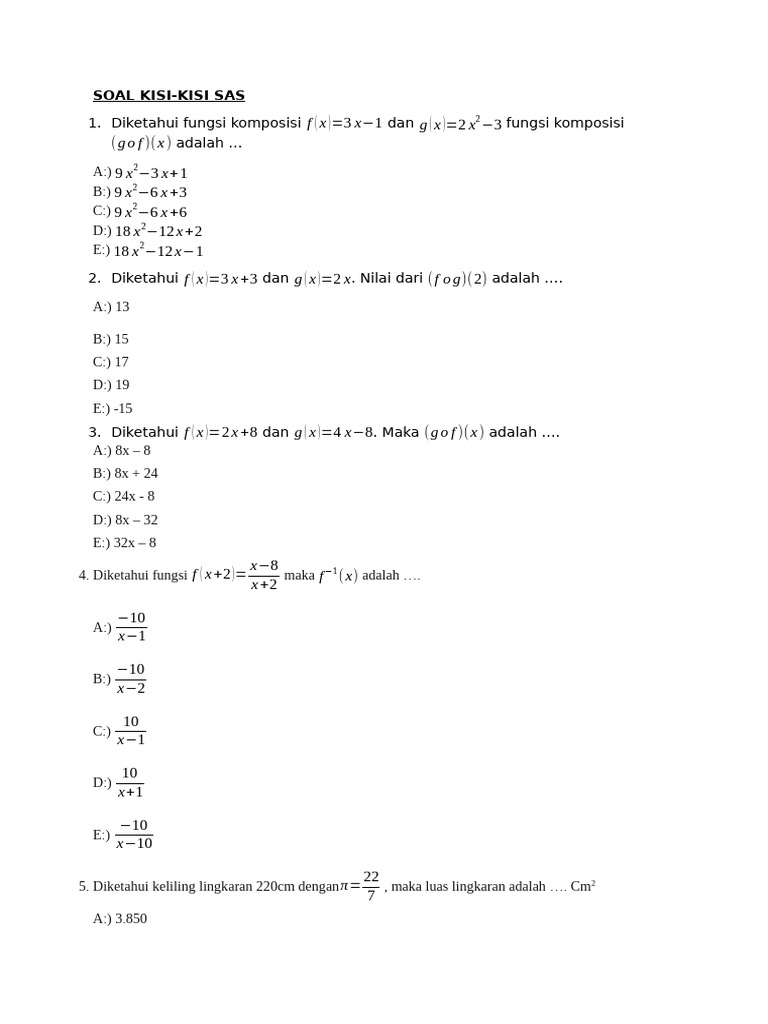 Soal Kisi-Kisi MTK Sas Kelas Xi | PDF