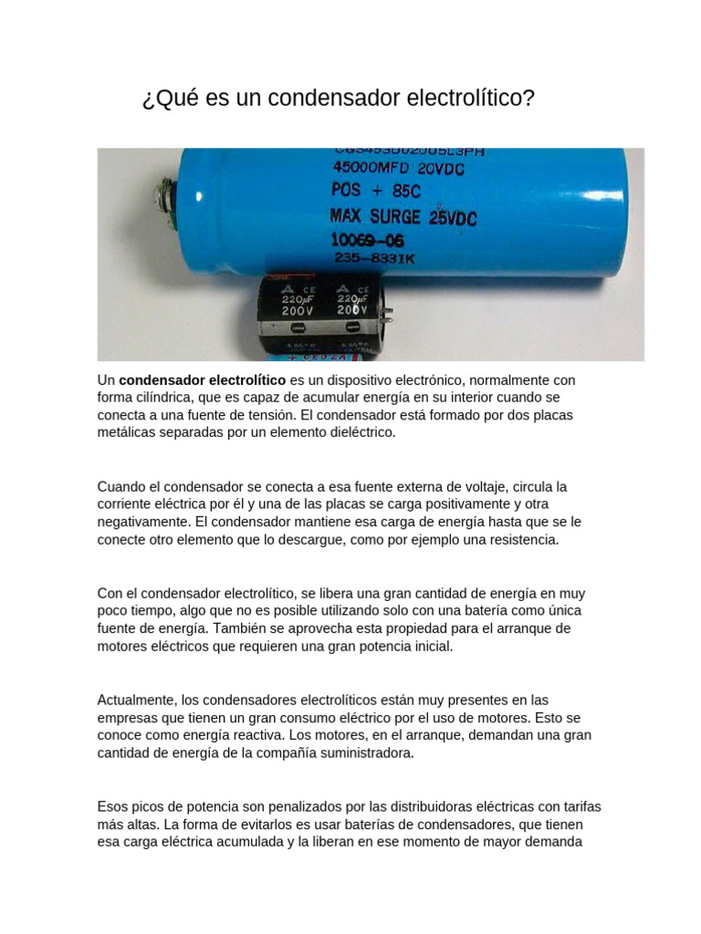 Función y aplicaciones del condensador electrolítico | PDF ...