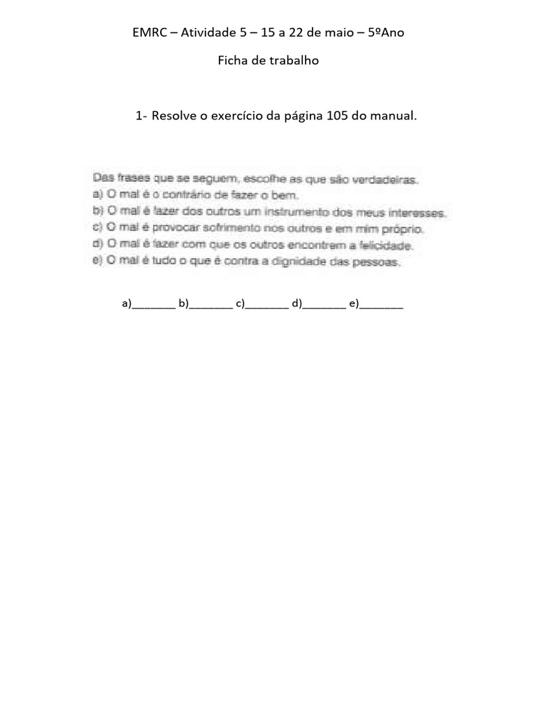 Atividade 5 EMRC 5º Ano: Exercício 105 | PDF