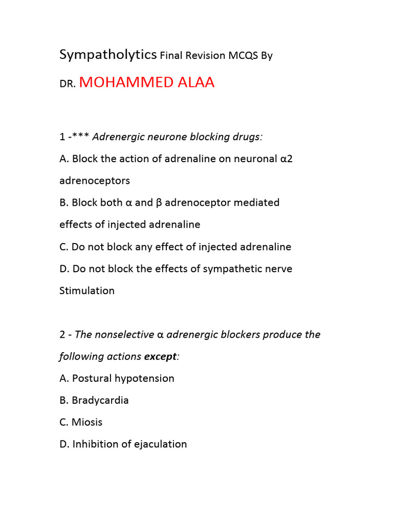 MCQssympatholyticsDR. MOHAMMED ALAA | PDF | Norepinephrine | Medical Specialties
