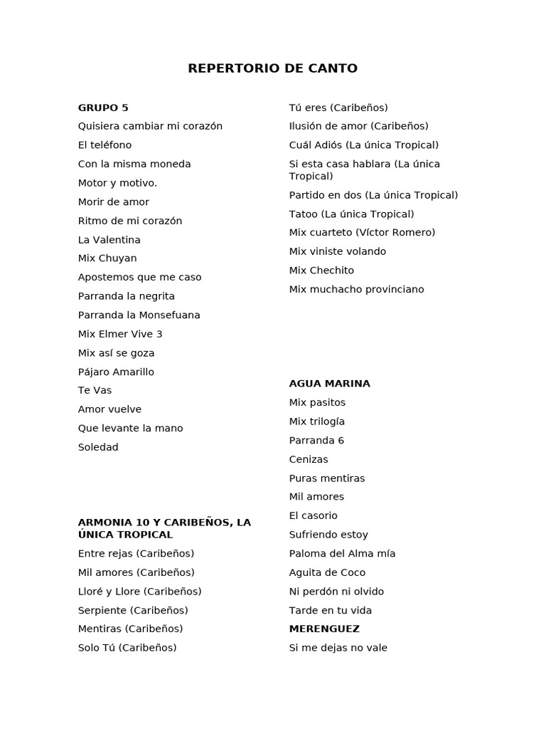 Repertorio de Canto: Éxitos Musicales | PDF