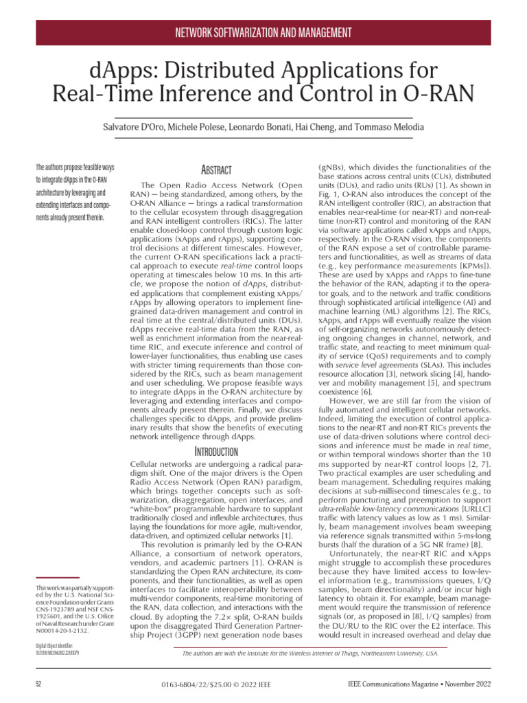 Dapps Distributed Applications For Real-Time Inference and Control in O-RAN | PDF | Computer ...