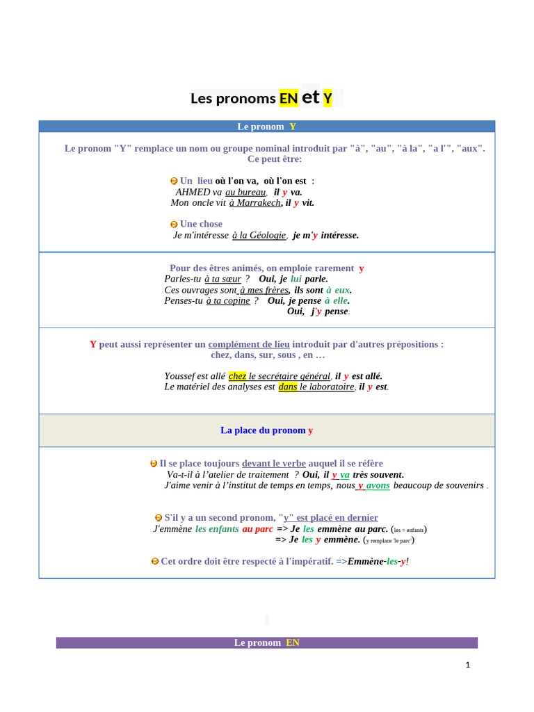 Les pronoms Y et EN en français | PDF | Pronom | Adposition