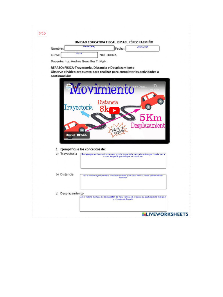 Tarea Sobre El Movimiento., Trayectoria y Desplazamiento | PDF