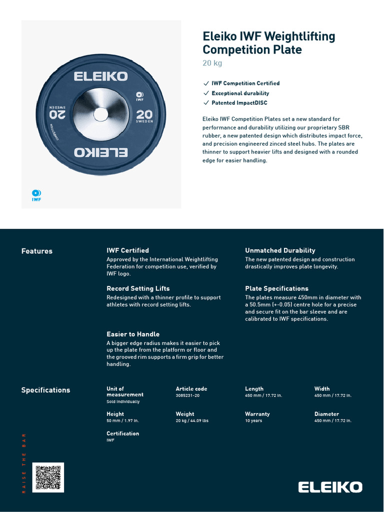 Product Sheet Eleiko Iwf Weightlifting Competition Plate 20 KG | PDF