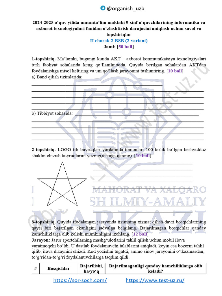 9 Sinf Informatika BSB-2 Var 2 | PDF