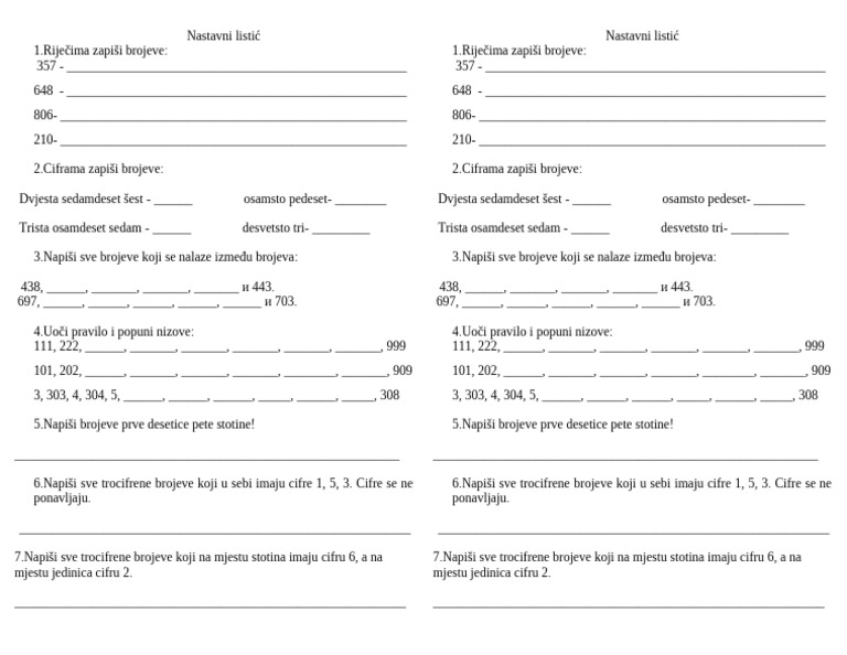 Nastavni Listić Brojevi Do 1000 | PDF