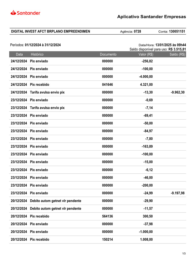 Extrato PJ 13 - 01 - 2025 09h44m34s | PDF | Tecnologia bancária | Pagamentos
