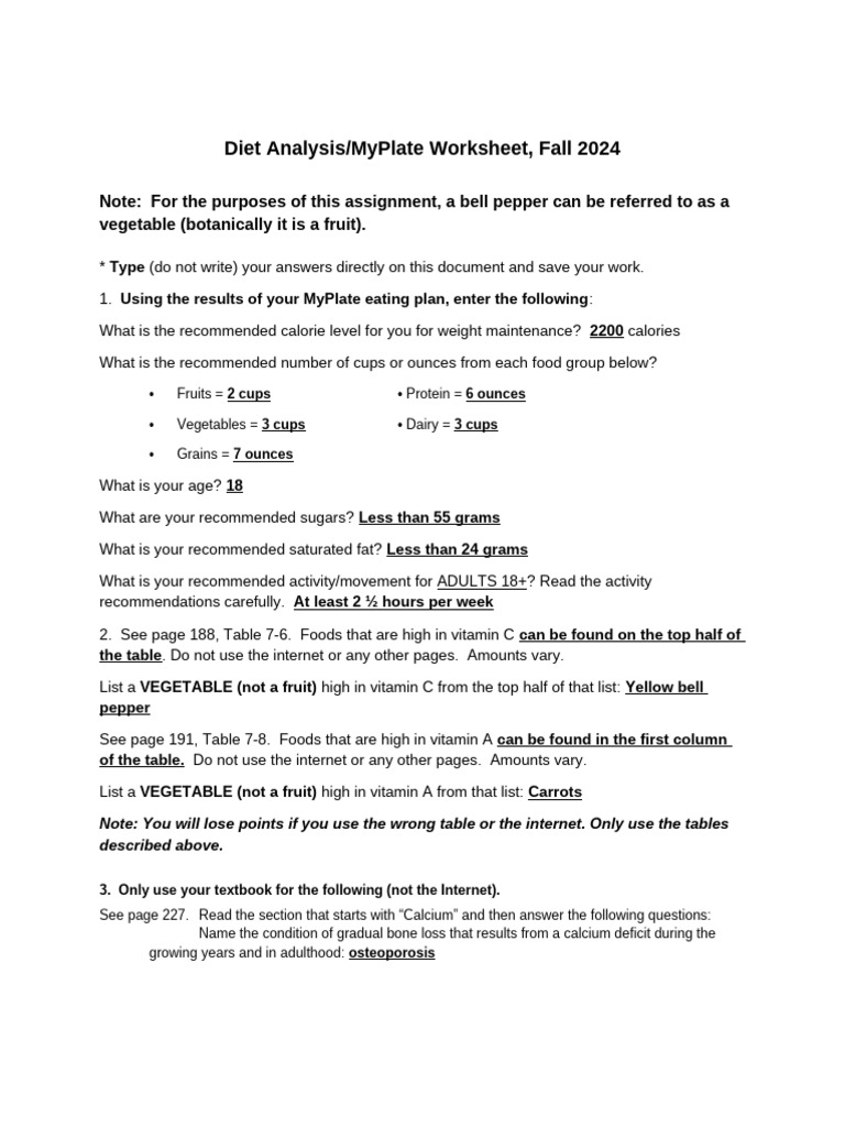 MyPlate Diet Analysis Worksheet 2024 | PDF | Foods | Vegetables