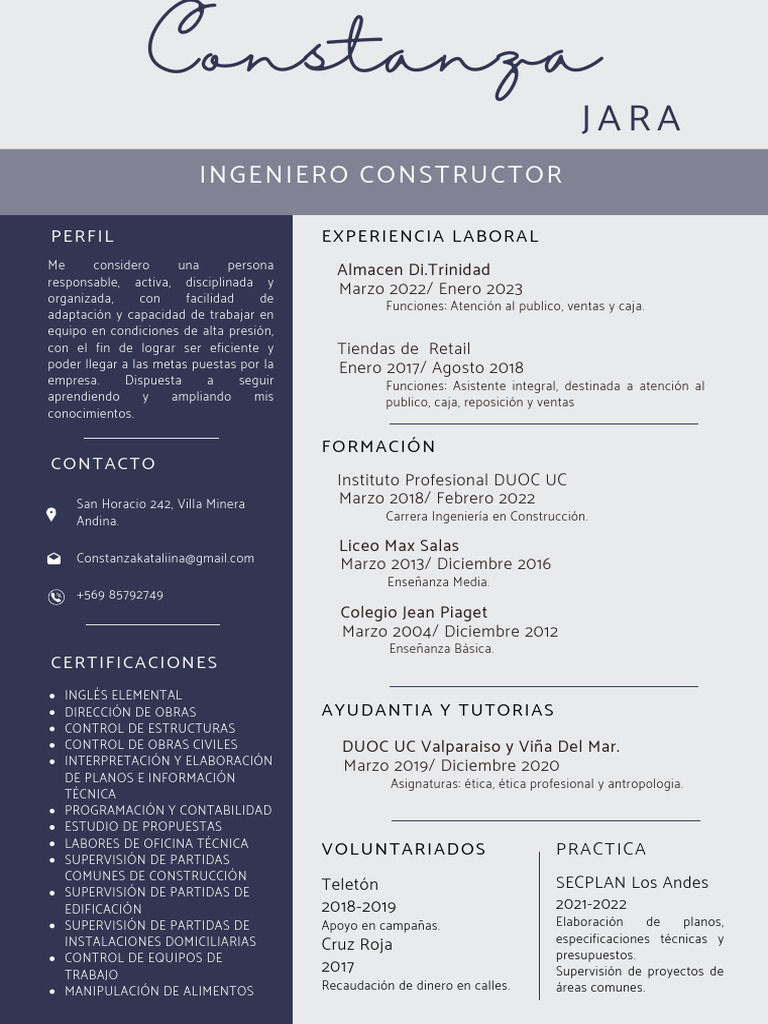 CV de Constanza Jara: Experiencia Laboral | PDF