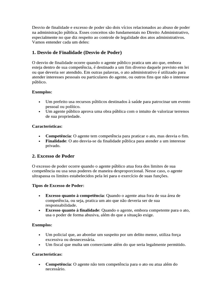 Desvio de finalidade e excesso de poder são dois vícios relacionados ao ...