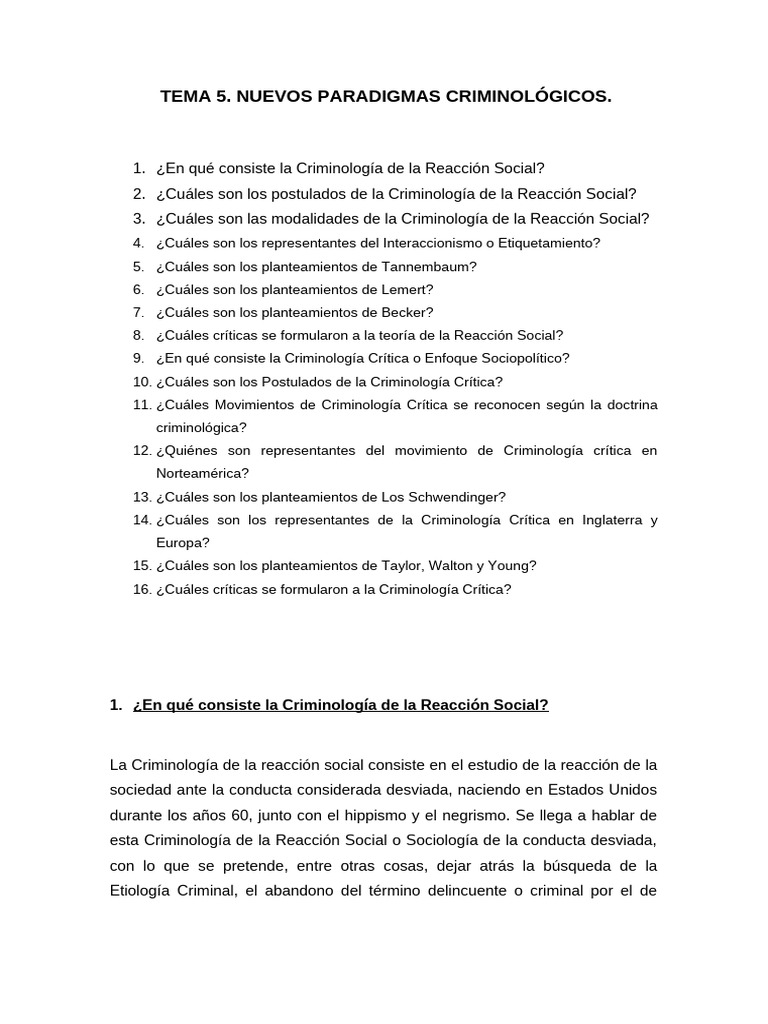 CUESTIONARIO CRIMINOLOGIA TEMA 5 | PDF | Criminología | Desviación (sociología)