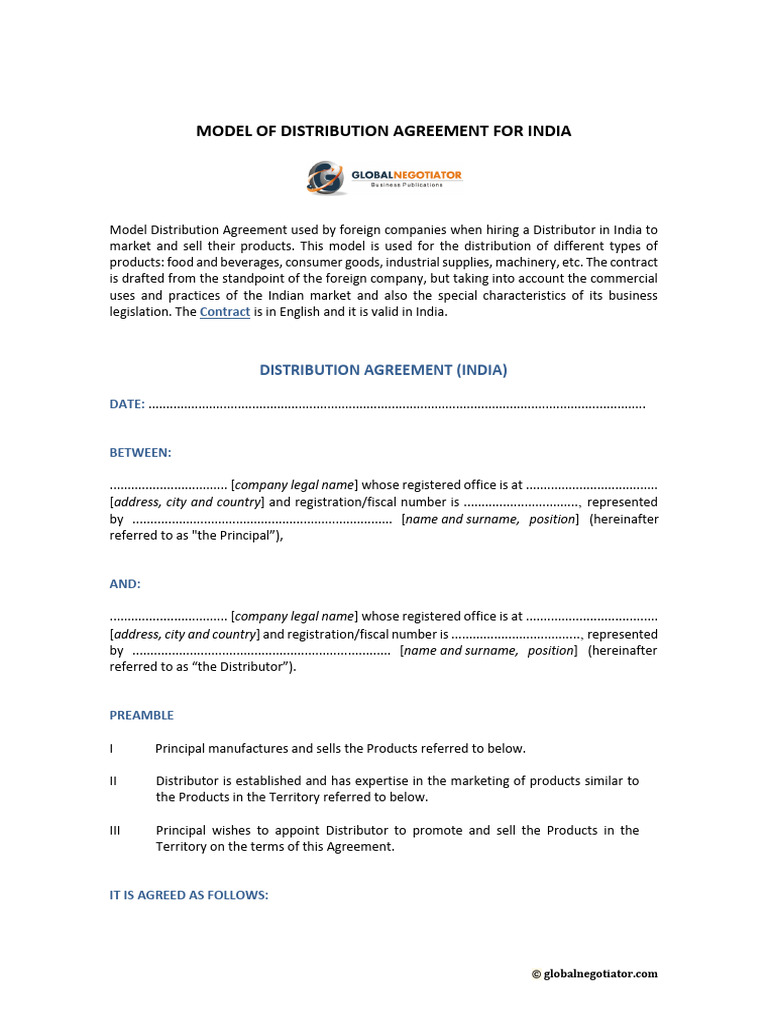 Distribution Agreement Model for India | PDF | Bankruptcy | Arbitration