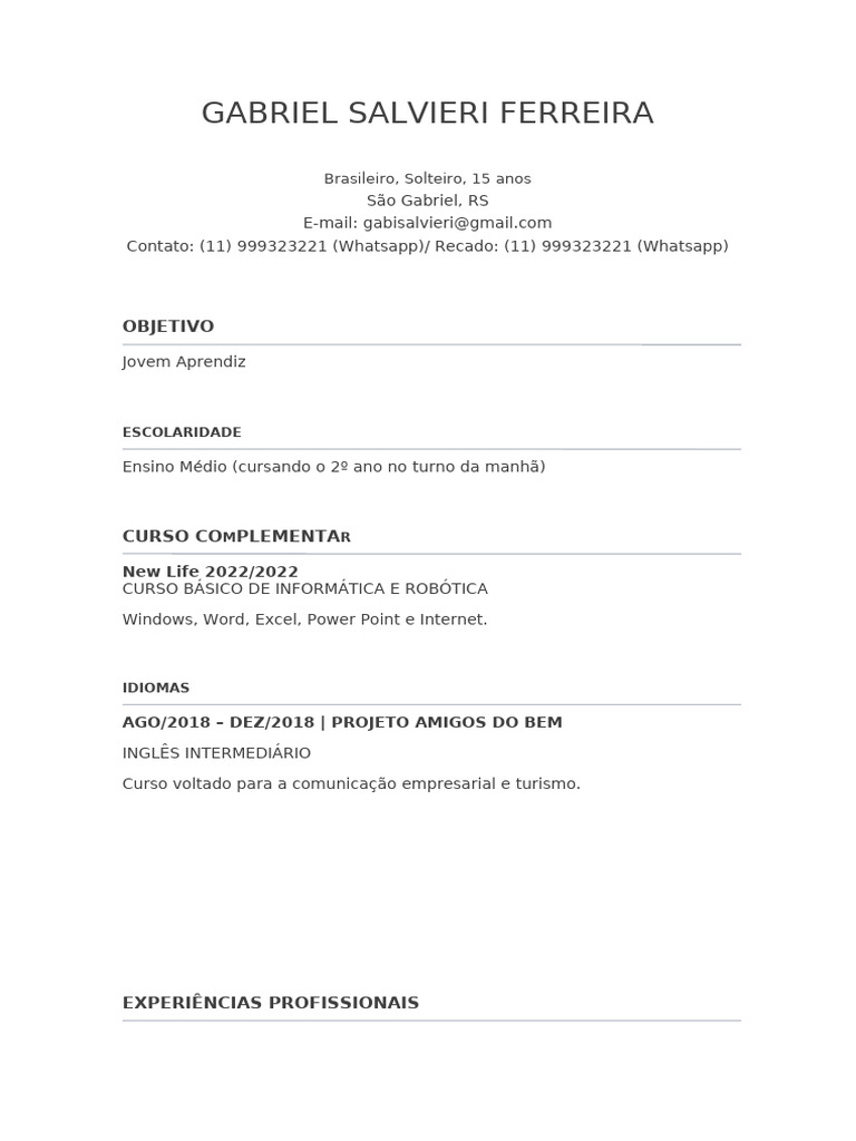 Modelo de Currículo - Jovem Aprendiz | PDF