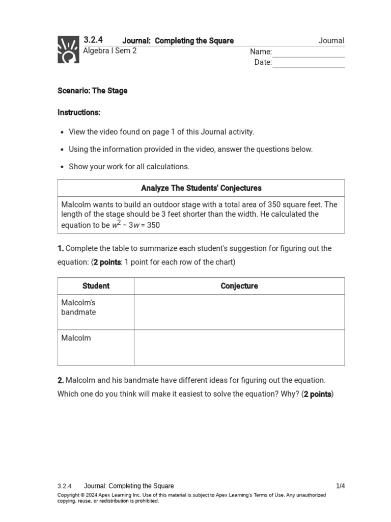 3.2.4 Journal - Completing The Square (Journal) | PDF | Algebra ...