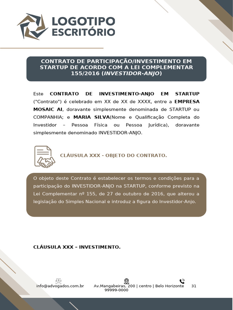 CONTRATO DE PARTICIPAC ºA Âo - INVESTIMENTO EM STARTUP DE ACORDO COM A LEI COMPLEMENTAR 155 ...