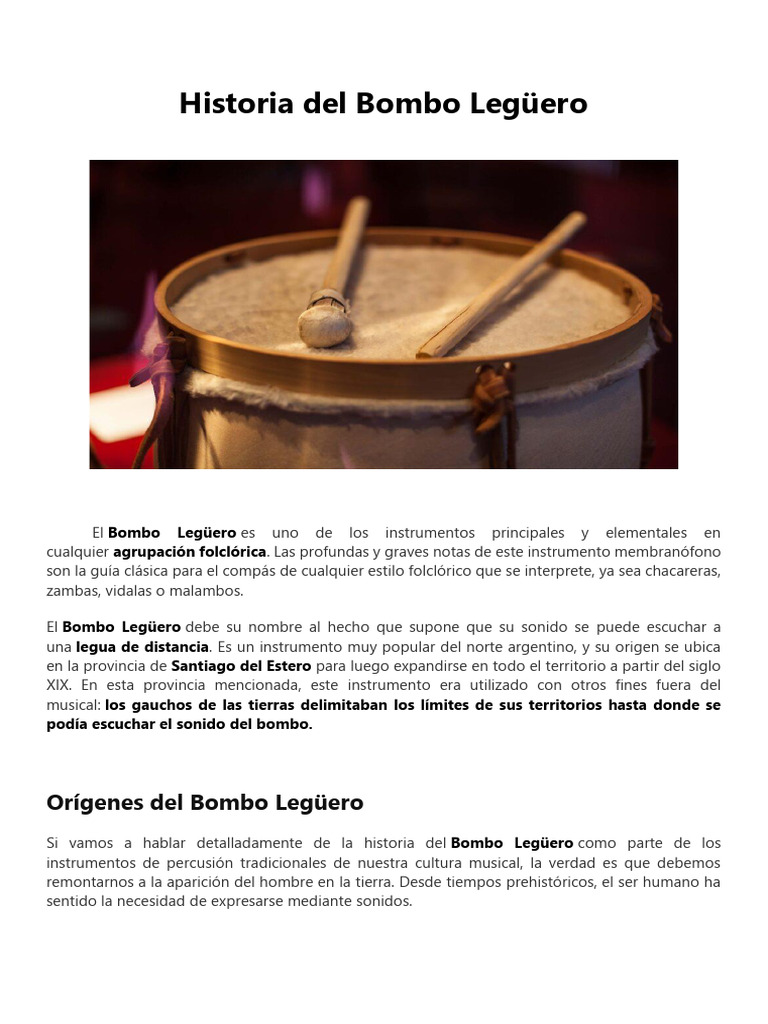 Historia Del Bombo Legüero | PDF | Instrumentos musicales