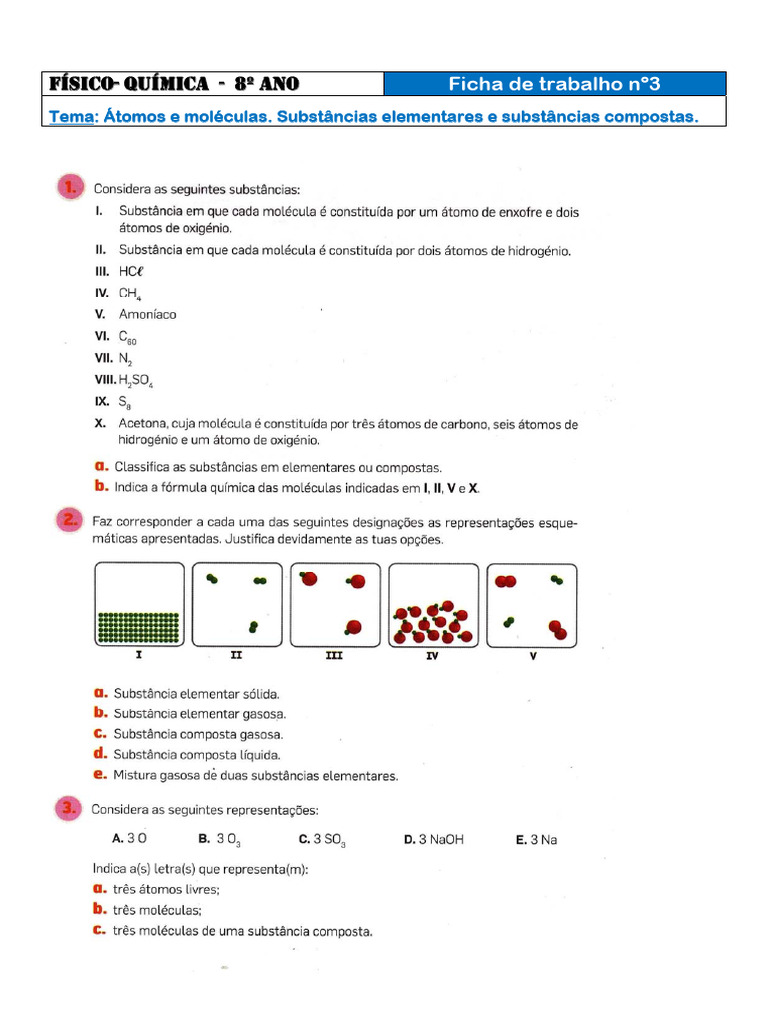 Ficha Fisico Quimica 8 Ano Atomos e Moleculas Substancias Elementares e Substancias Compostas | PDF