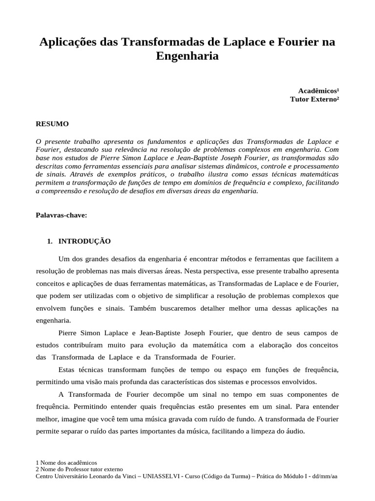 Aplicações Das Transformadas de Laplace e Fourier Na Engenharia | PDF ...