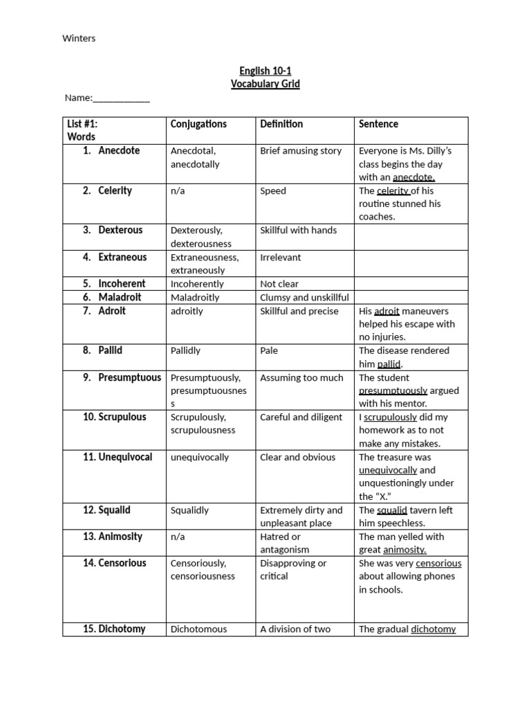 ELA 10-1 - VOCAB Grid | PDF