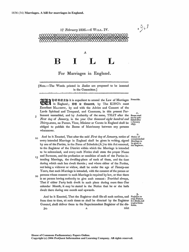 1836 (34) Marriages. A Bill For Marriages in England | PDF