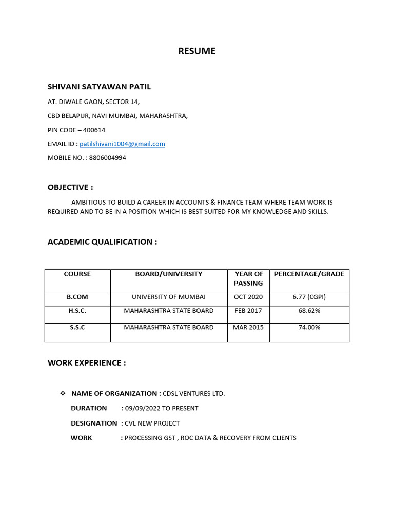 Shivani Patil's Finance Resume | PDF