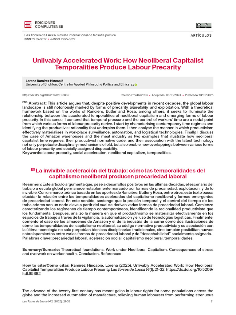 Unlivably Accelerated Work: How Neoliberal Capitalist Temporalities Produce Labour Precarity. de ...
