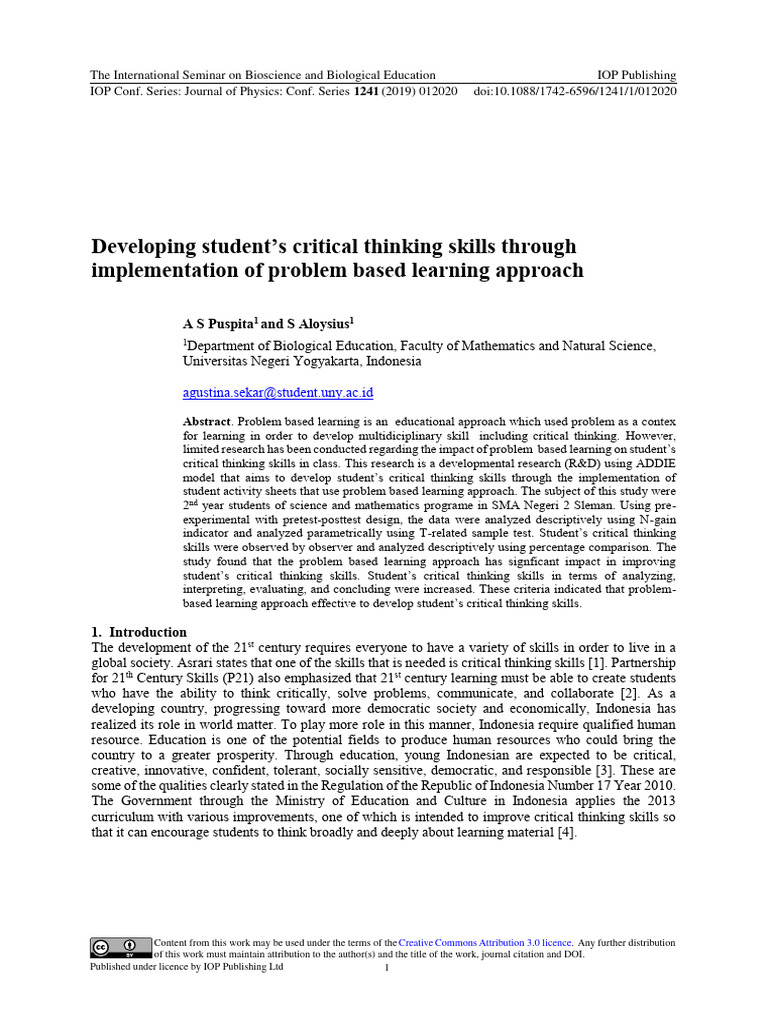 Developing Student's Critical Thinking Skills Through Implementation of Problem Based Learning ...
