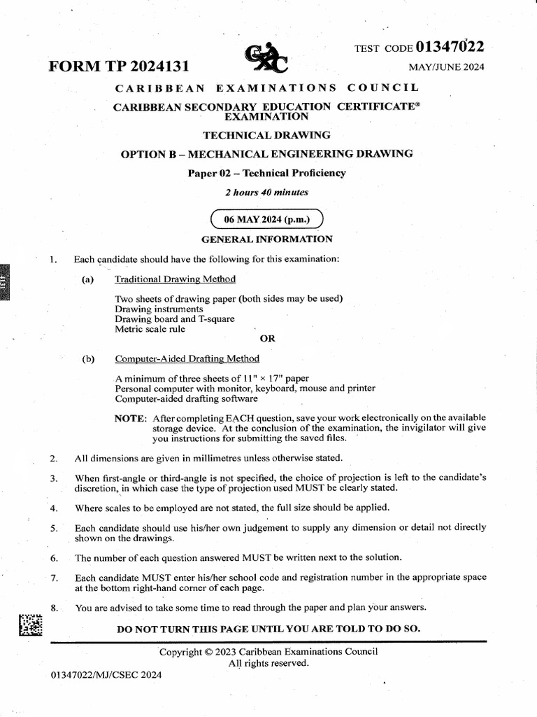 Csec Technical Drawing p2 2024 Mj Option b m Eng | PDF