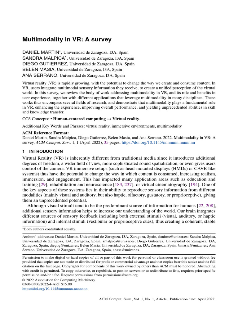 Multimodality in VR: A Survey: Daniel Martin, Sandra Malpica, Diego ...