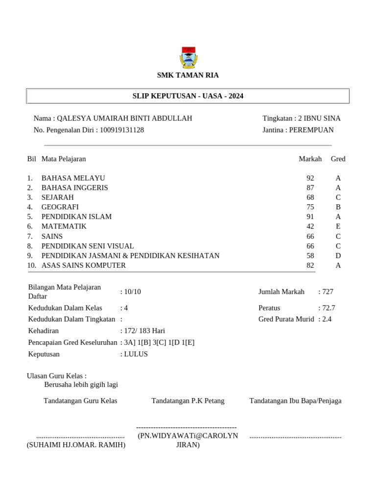 Slip Keputusan Pelajar 2024 Qalesya-edit | PDF
