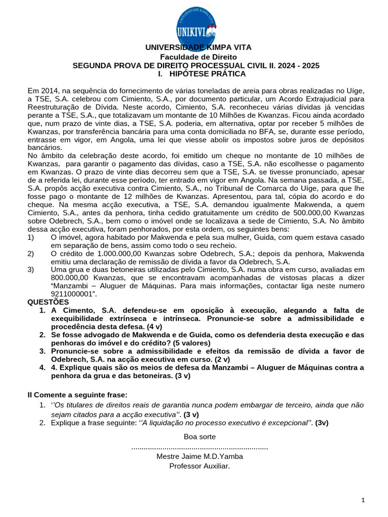 Primeira Prova de DPC 2 2024 - 2025 e A Chave | PDF | Cheque (banco)