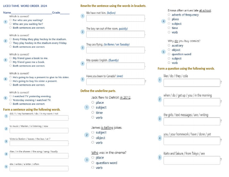 Word Order. English Hilfen 3 10. 2024 | PDF