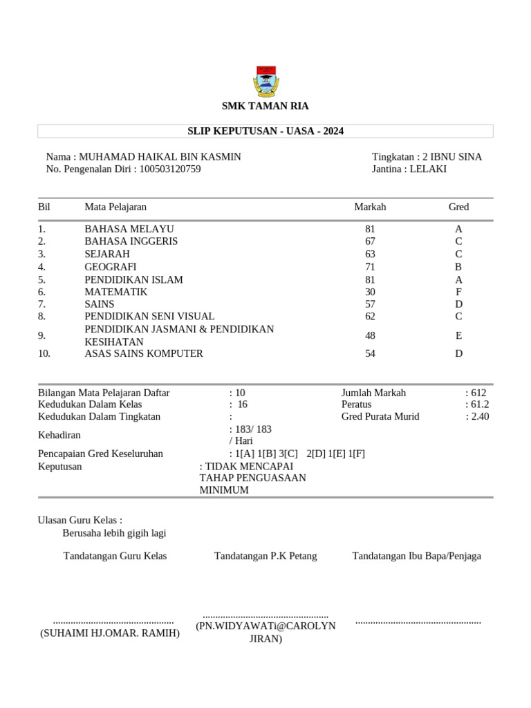 Slip Keputusan Pelajar 2021-Edit | PDF