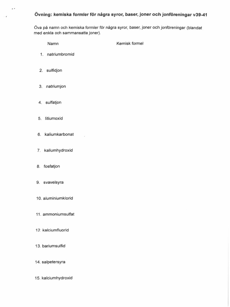 Övning Kemiska Formler | PDF