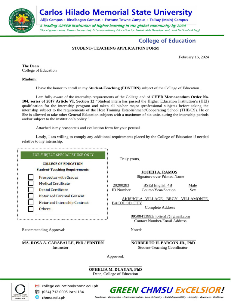 Editedstudent Teaching Application Form | PDF
