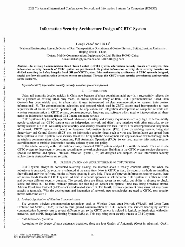 Information Security Architecture Design of CBTC System | PDF | Security | Computer Security