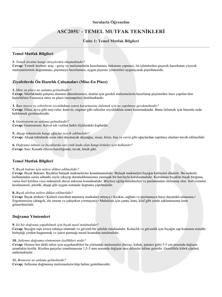 Temel Mutfak Teknikleri Sorular Ile Öğrenelim1 | PDF