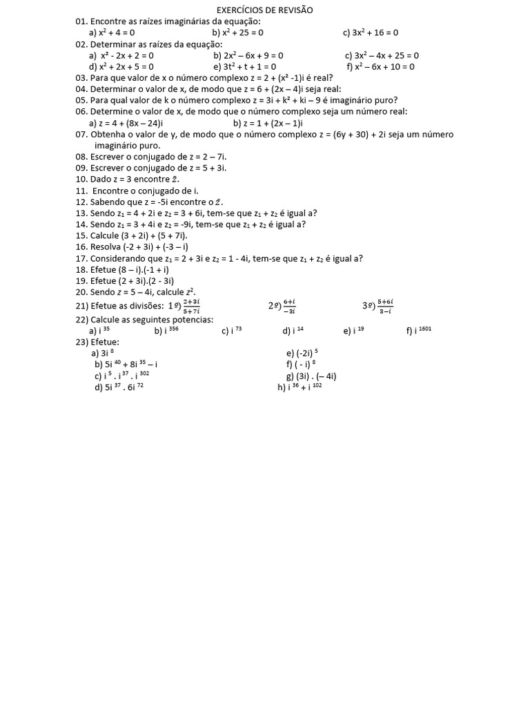Exercícios de Revisão Numeros Complexos | PDF