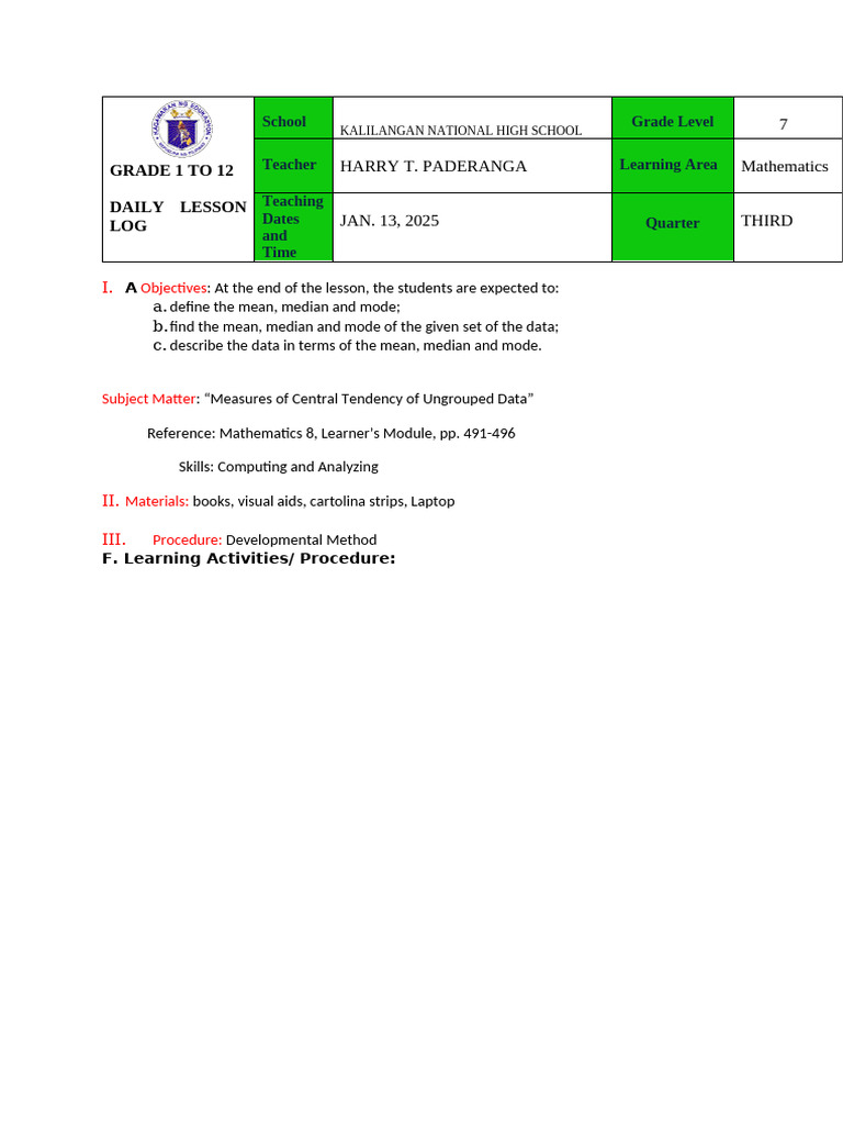 Cot Lesson Plan - Mean Median Mode | PDF | Teachers | Lesson Plan