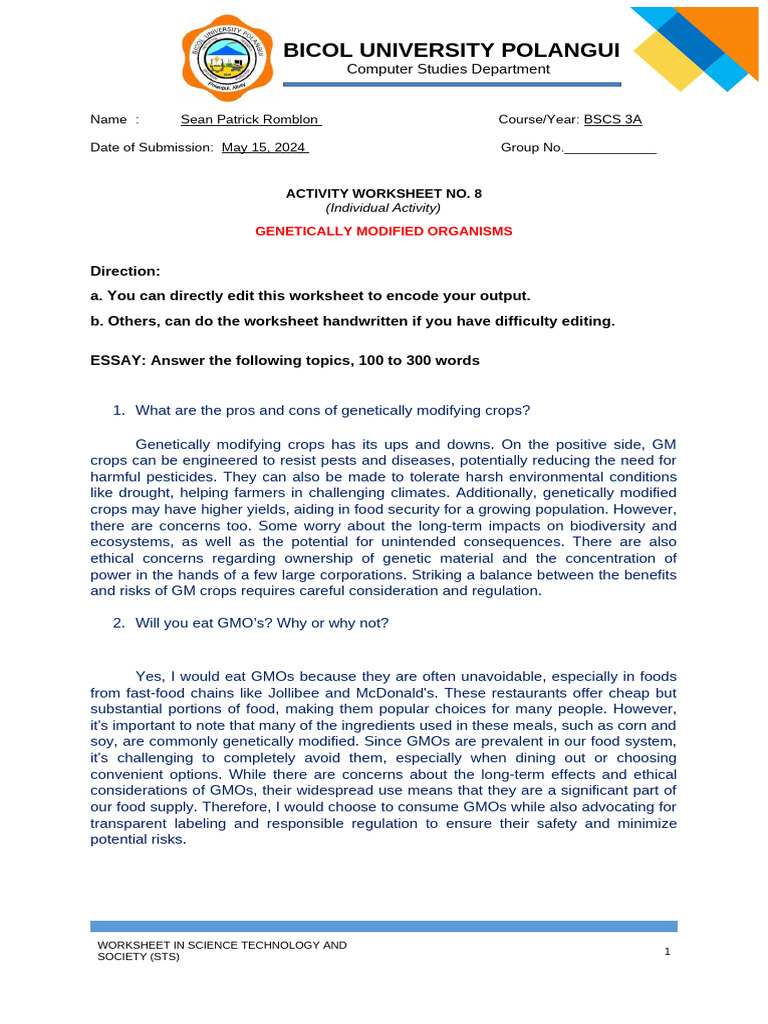 Worksheet 8 | PDF | Genetically Modified Organism | Genetic Engineering