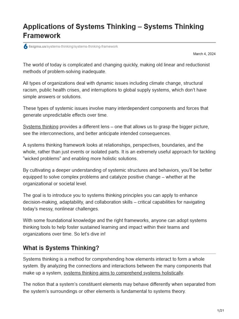 6sigma.us-Applications of Systems Thinking Systems Thinking Framework | PDF | Systems Theory ...