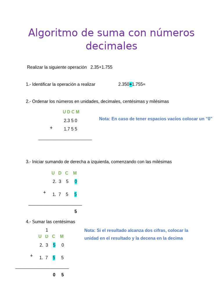 Suma de Números Decimales Paso a Paso | PDF