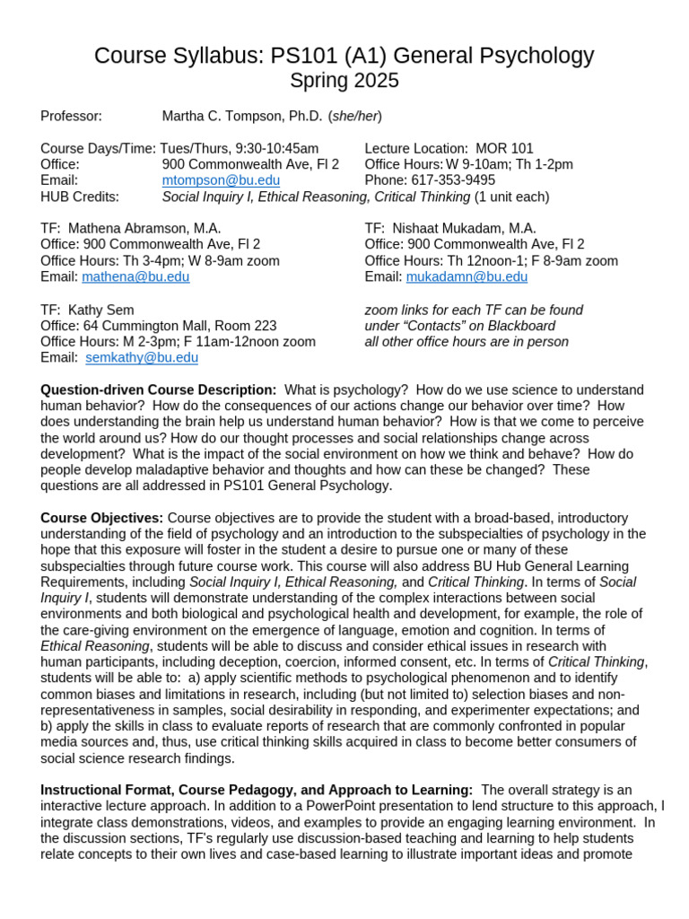 PS101 General Psychology Syllabus 2025 | PDF | Learning | Critical Thinking