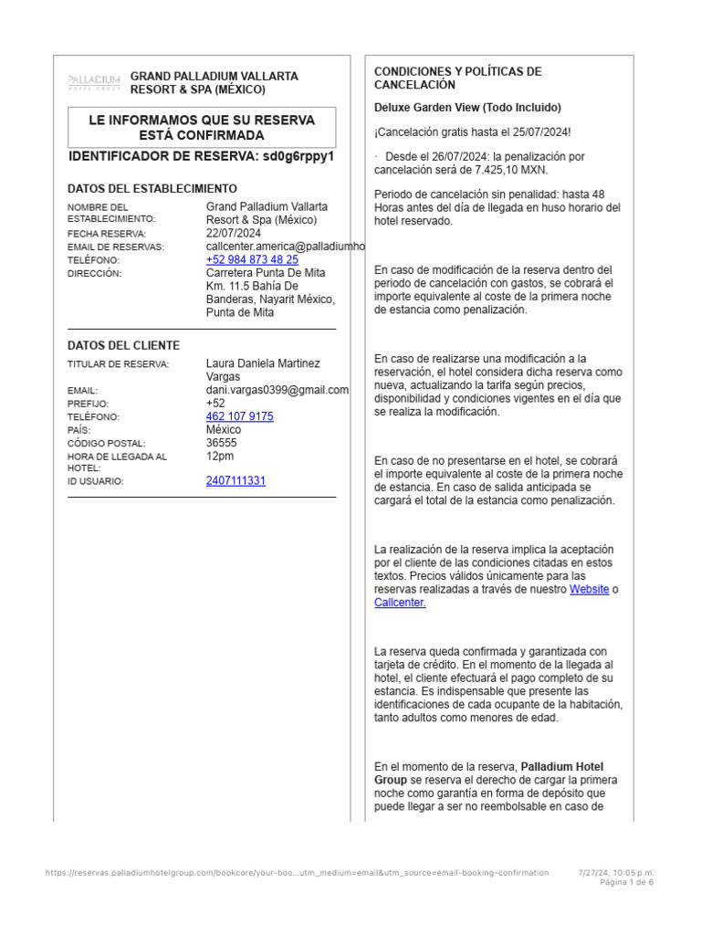 Reserva Confirmada en Grand Palladium | PDF | Hotel | Tarjeta de débito